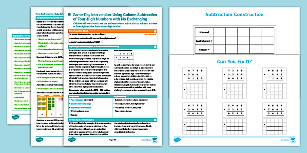 👉 Y4 Maths: Column Subtraction Four-Digit Numbers No Exchanges